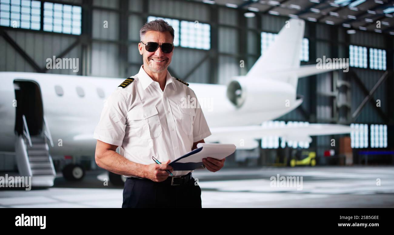 Airplane Captain Doing Checklist Befofe Flight. Aircraft Officer Stock ...