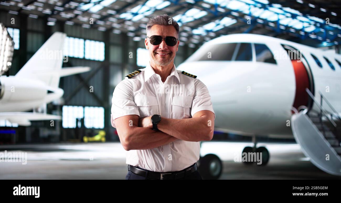 Private Jet Captain Pilot In Uniform. Small Airplane At Airport Stock ...
