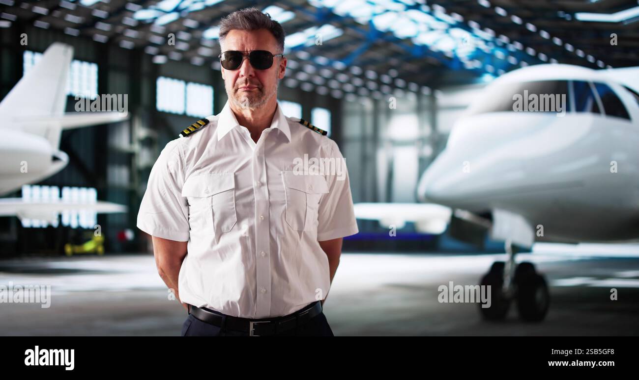 Private Jet Captain Pilot In Uniform. Small Airplane At Airport Stock ...