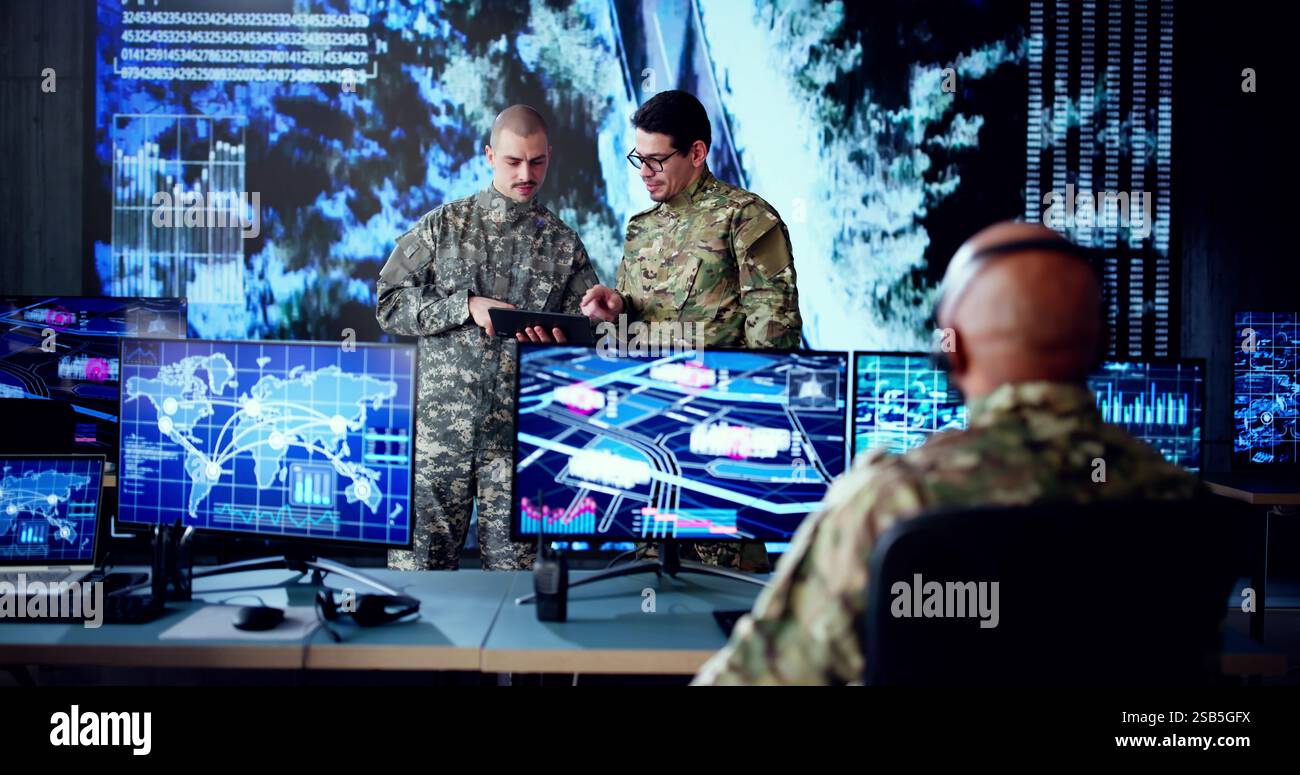 Black Military Operator Monitors CCTV Cameras in High-Tech Control Room ...