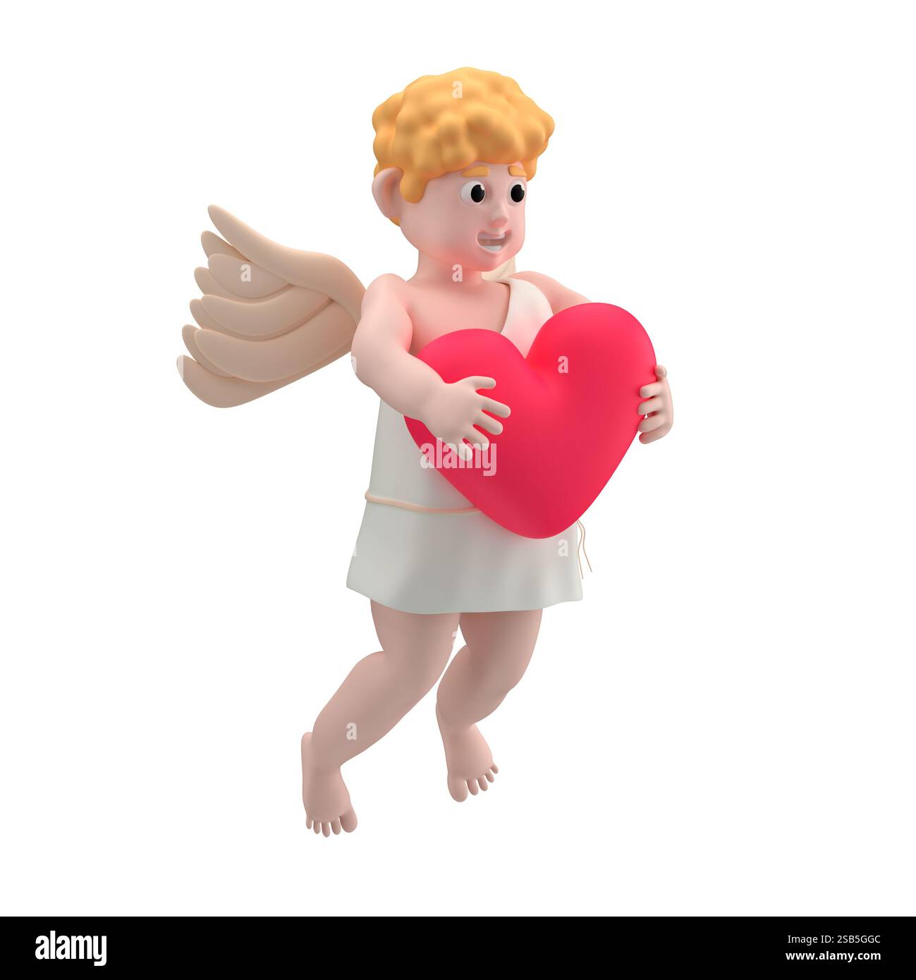Flying cupid character with blond hair holding and hugging a big red ...