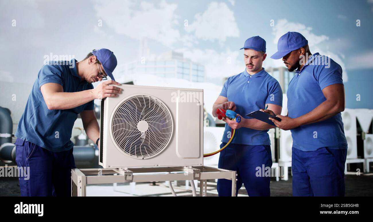 Diverse group of workers installing commercial HVAC air conditioner ...