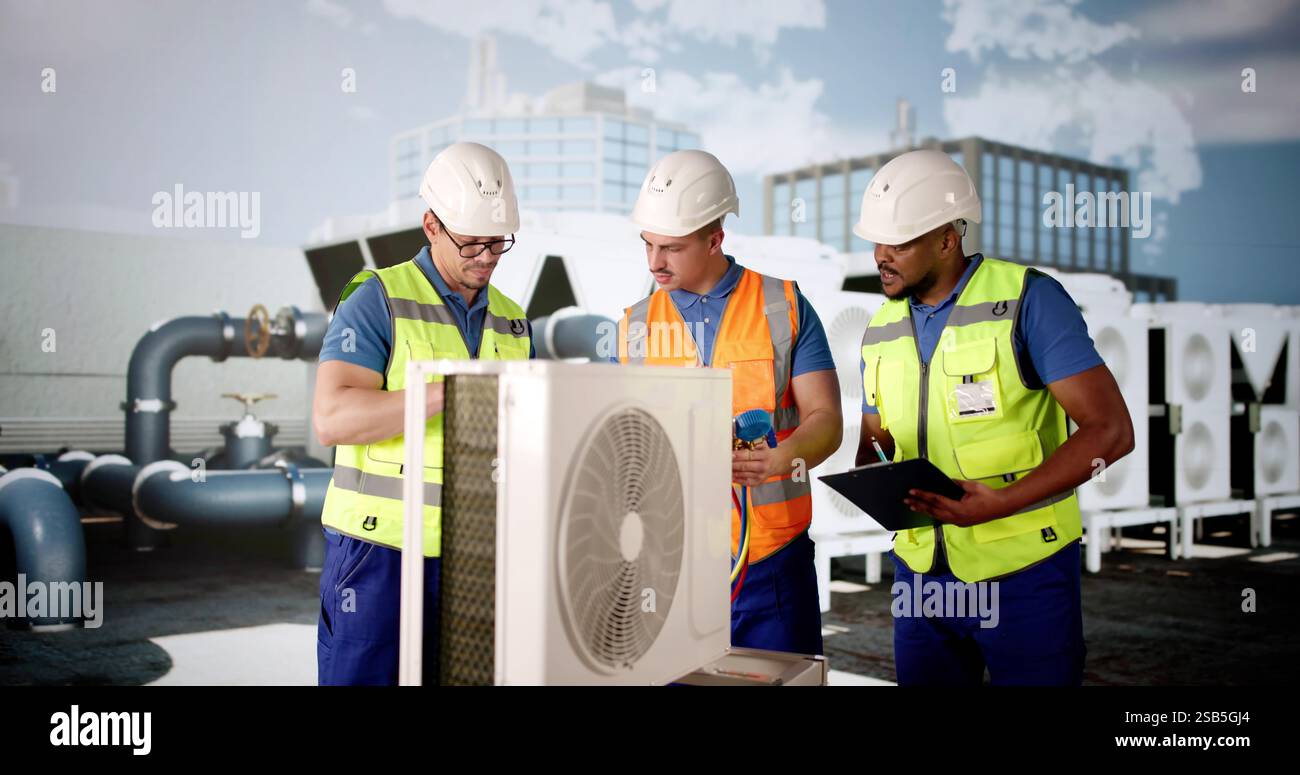 Commercial HVAC technician installing air conditioner for diverse group ...