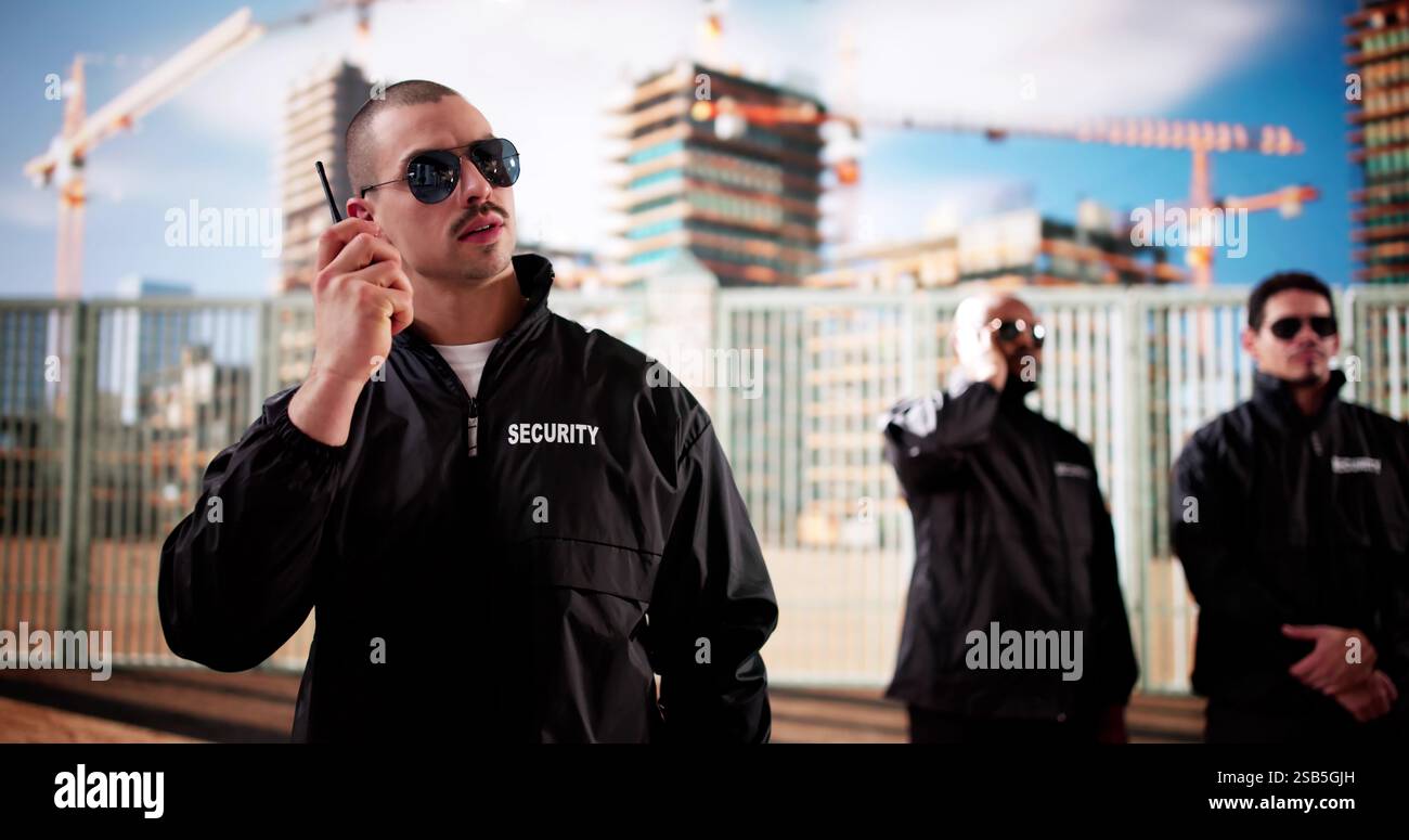 Diverse Group Of Security Guards In Black Uniform On Construction Site ...