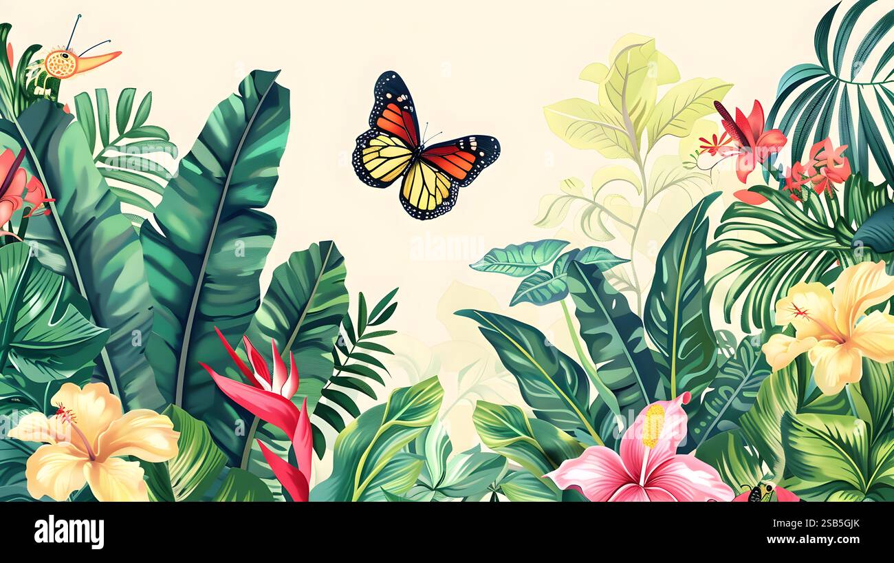 This vibrant and whimsical botanical showcases an array of lush ...