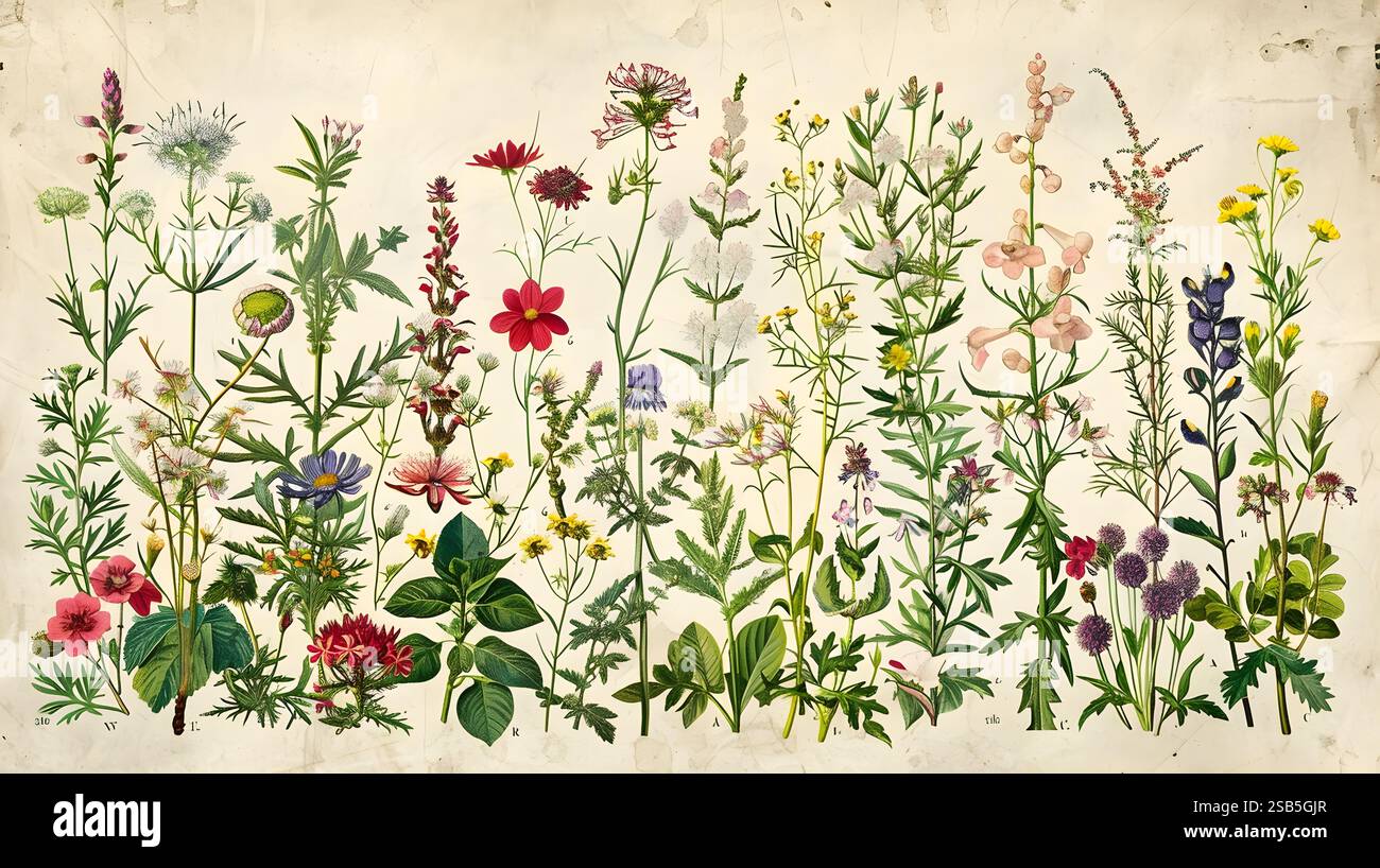 This vintage-style botanical features an assortment of medicinal herbs ...