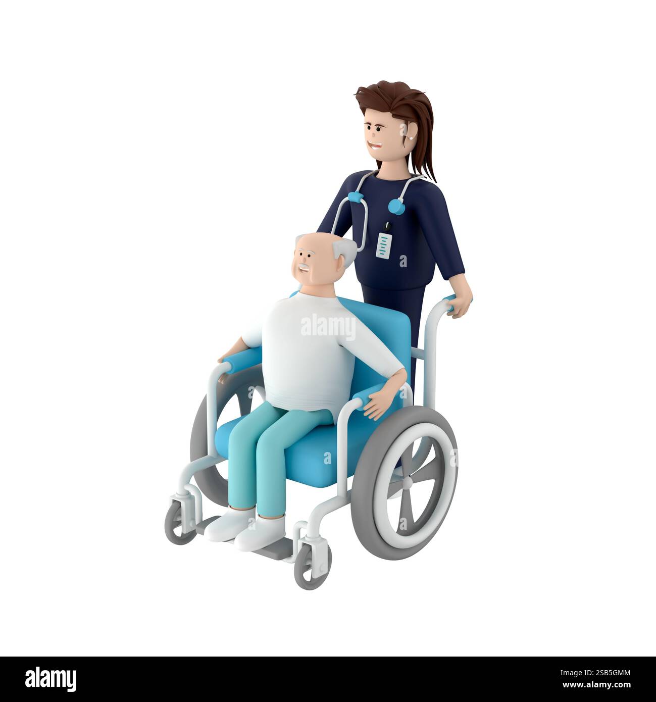 Senior character sitting on a wheelchair while female doctor pushing ...