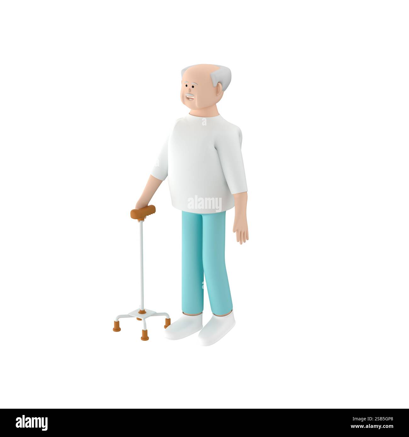 Senior male character walking using a quad walking stick, 3d ...