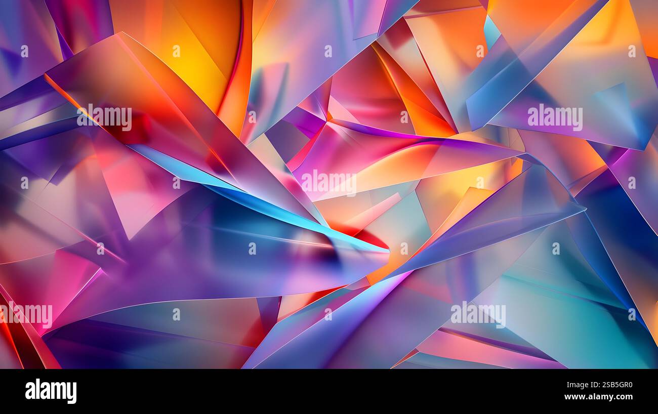 This image features a captivating abstract composition of vibrant,holographic geometric shapes ...