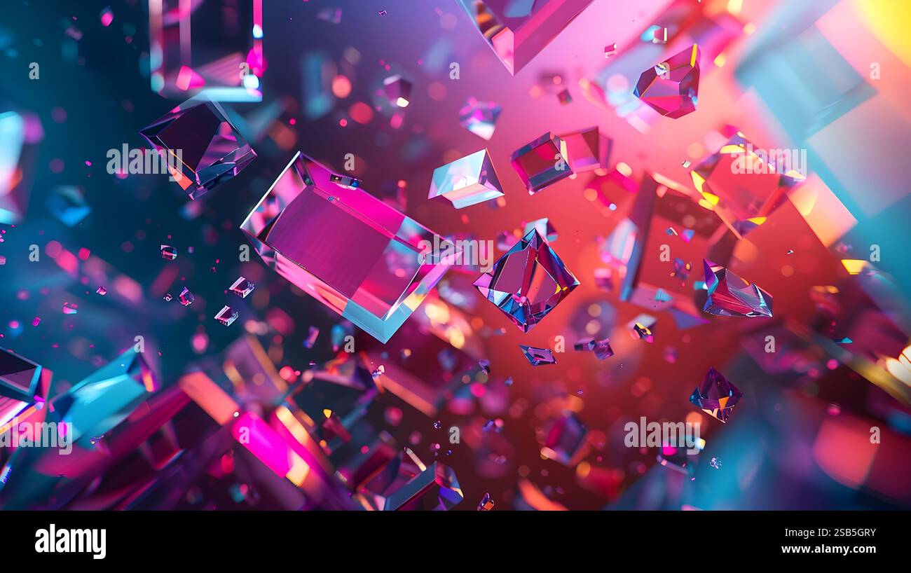 This image depicts a captivating array of holographic 3D geometric ...