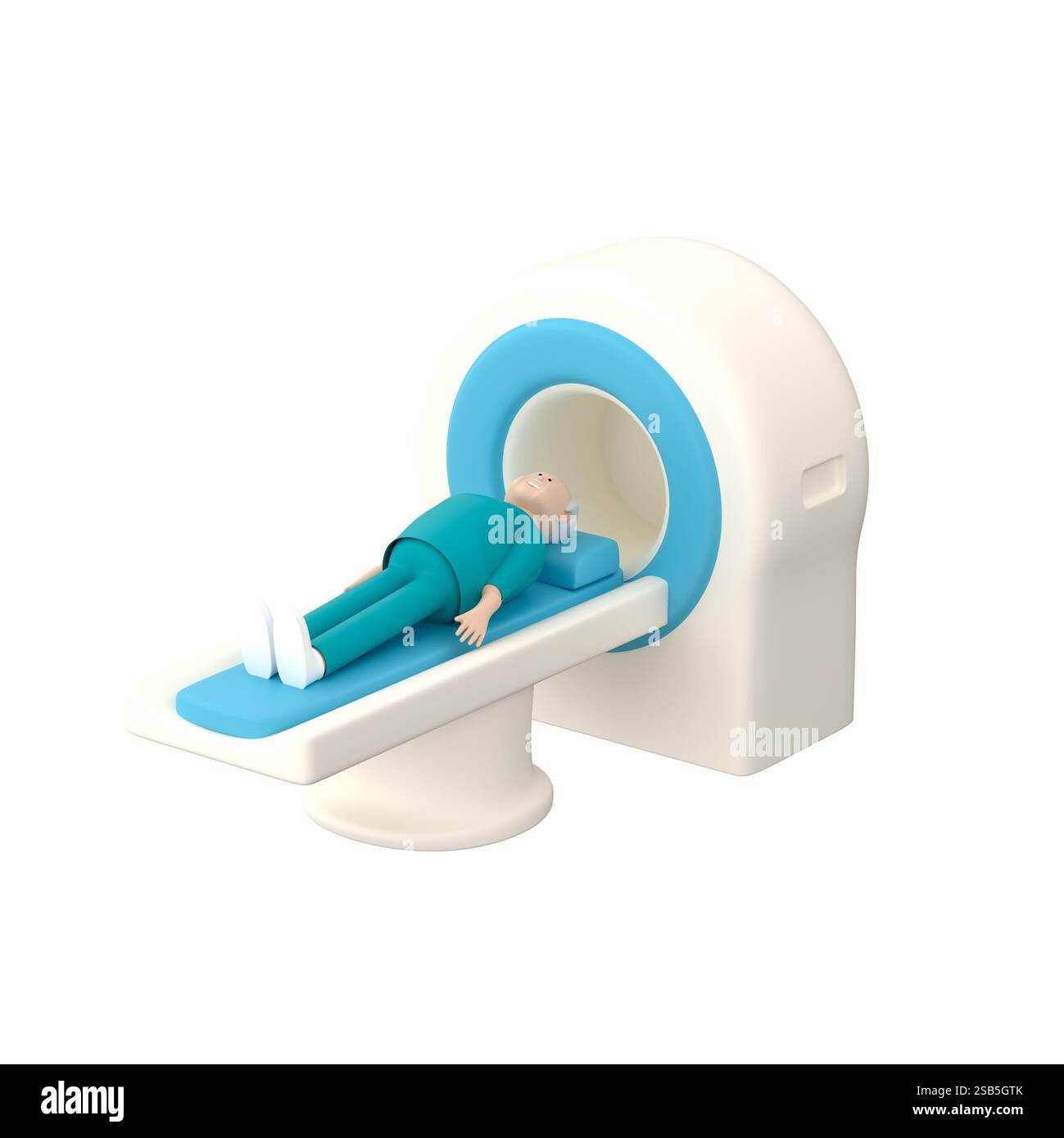 Senior male character with grey hair lying on a patient table at MRI ...