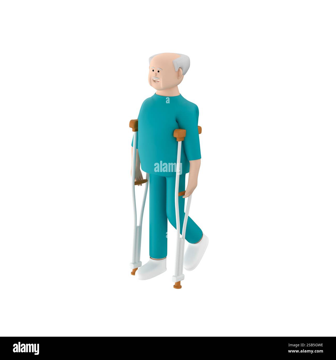 Senior male character in patient clothes walking using underarm ...