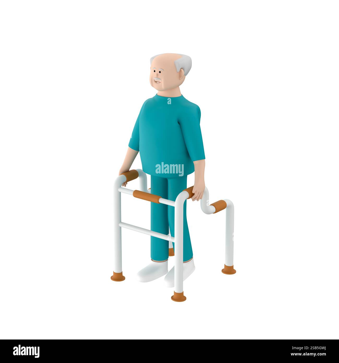 Senior man character in patient clothes walking using an uplift walker ...