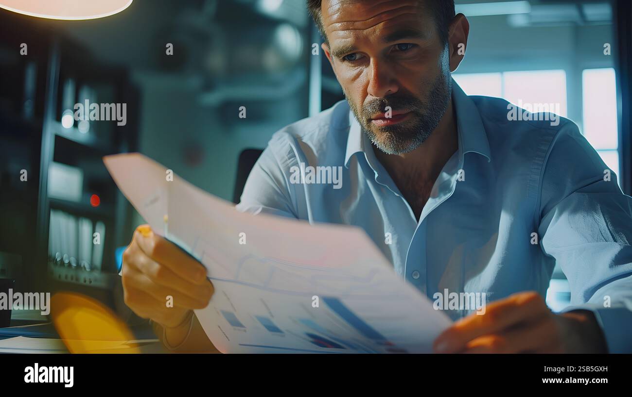 This image depicts a focused,professional businessman deeply engrossed ...