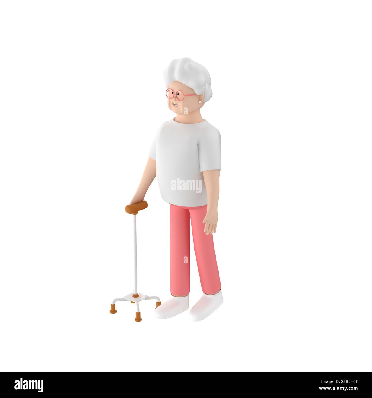 Old woman character walking using a quad walking stick, 3d illustration ...