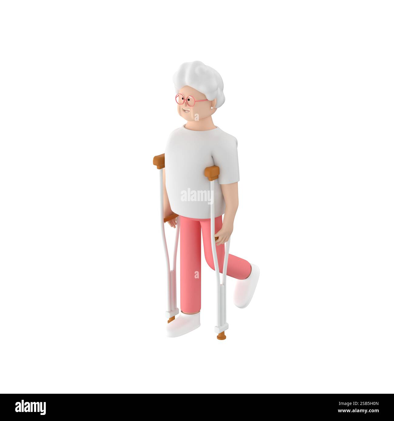 Old woman character walking using underarm crutches, 3d illustration ...
