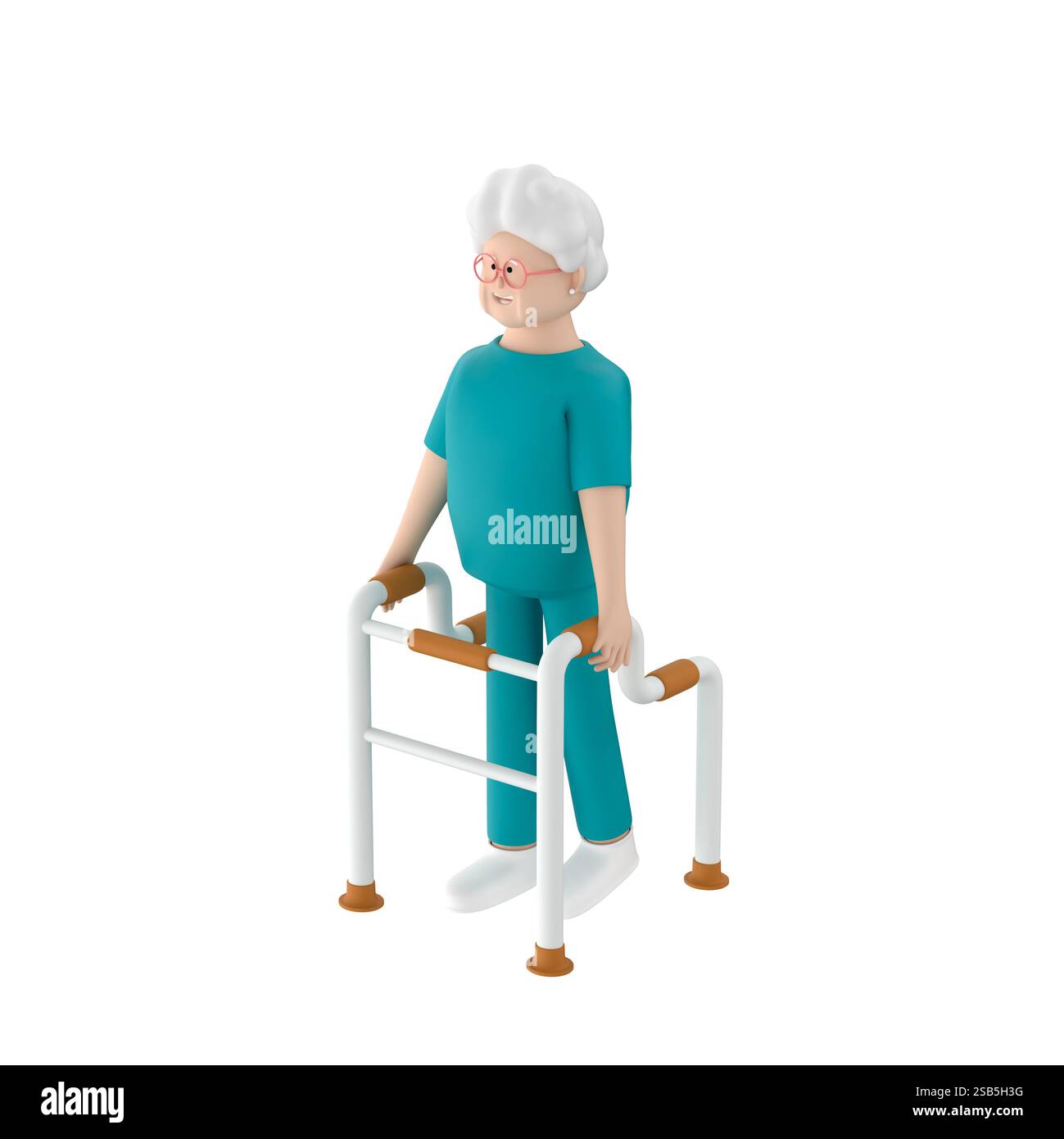 Old woman character in patient clothes walking using an uplift walker ...