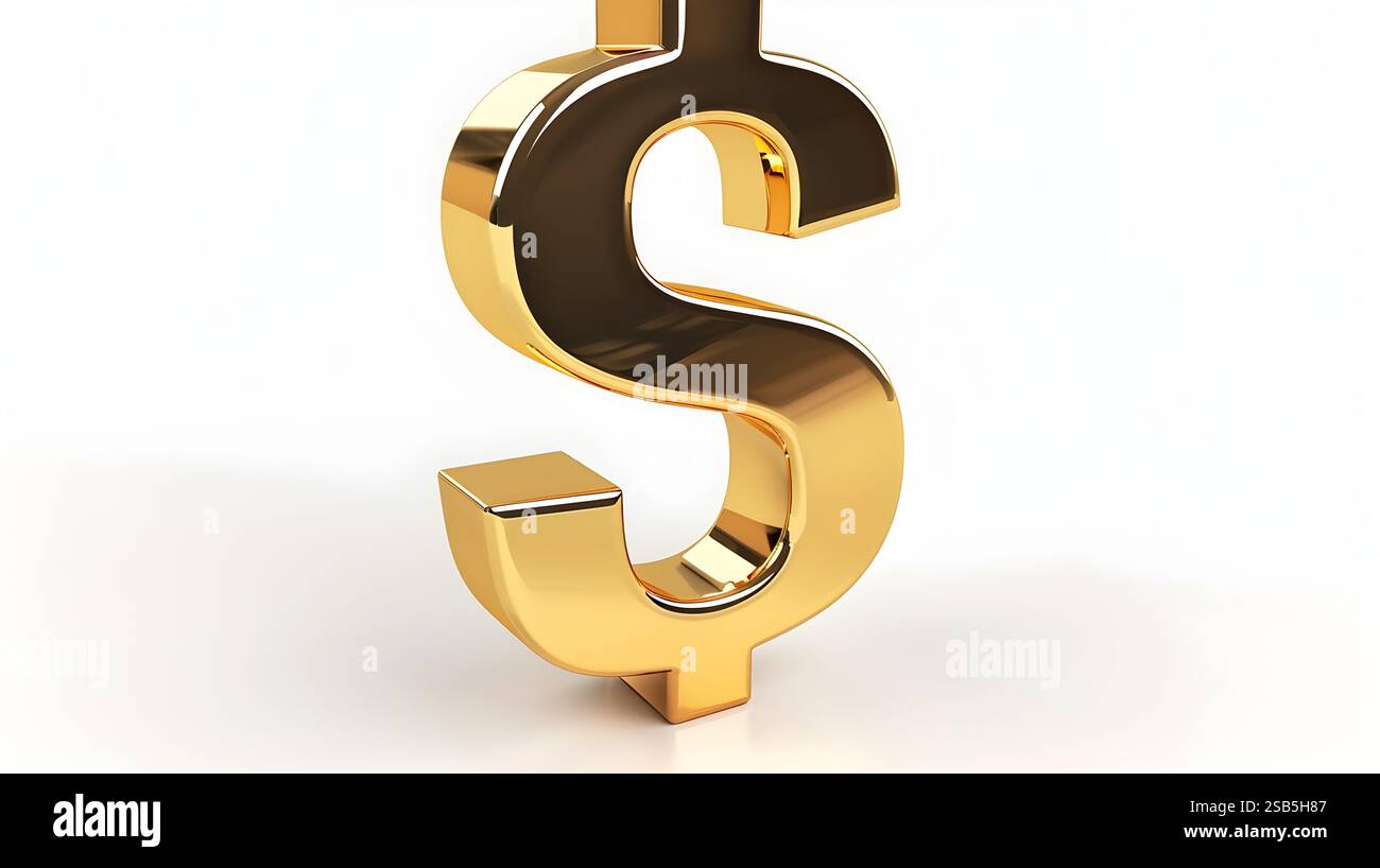 A bold,shiny golden dollar sign icon standing tall on a white ...