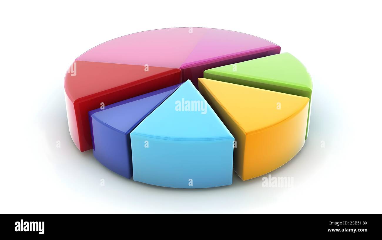 This image depicts a 3D pie chart icon with various colored segments ...