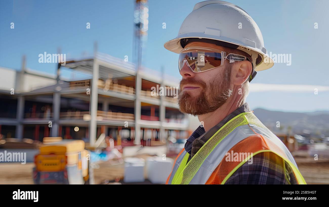 The image depicts a construction worker wearing a hard hat,safety goggles,and a reflective vest ...