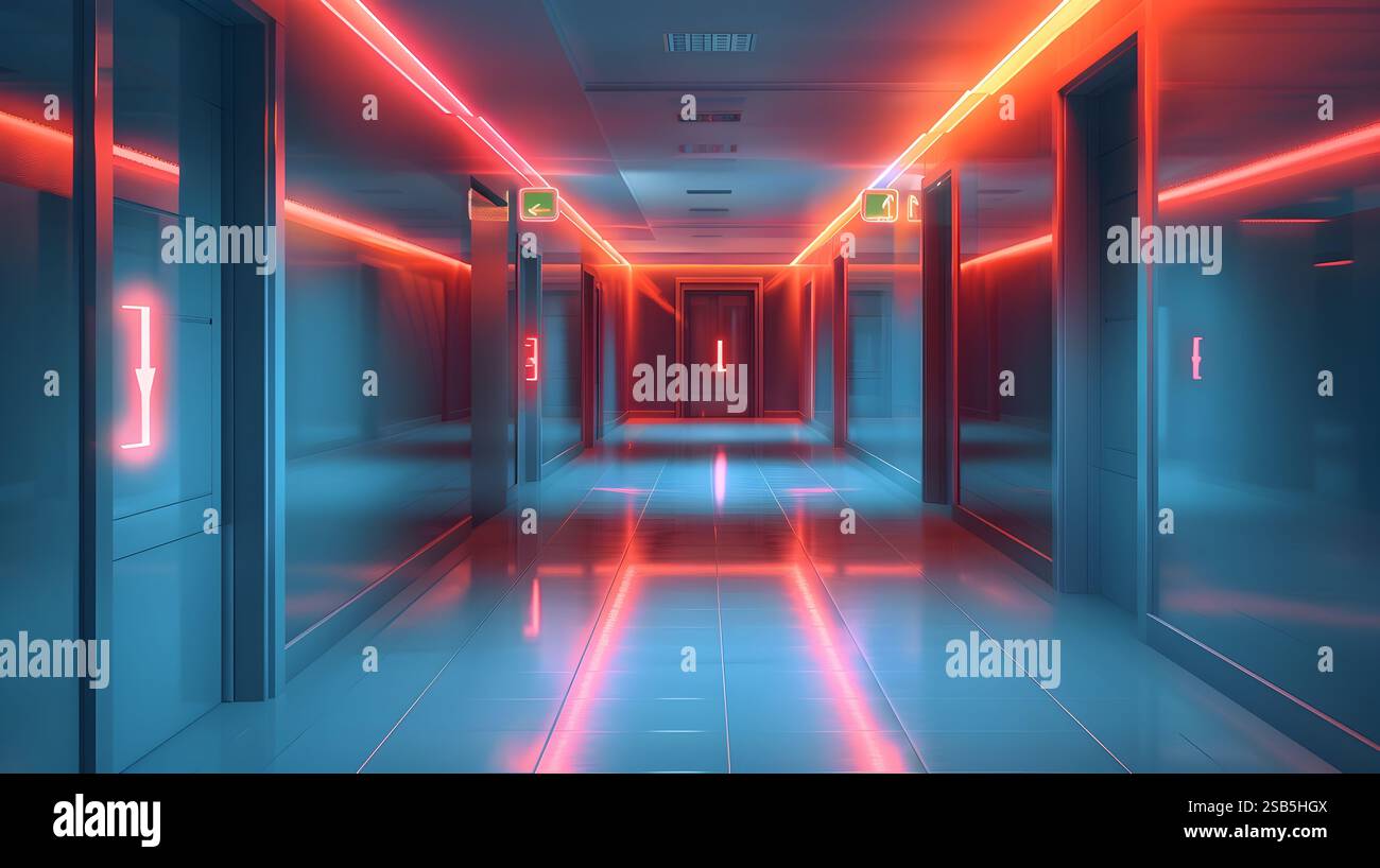 This detailed depicts an emergency exit route in a modern office ...