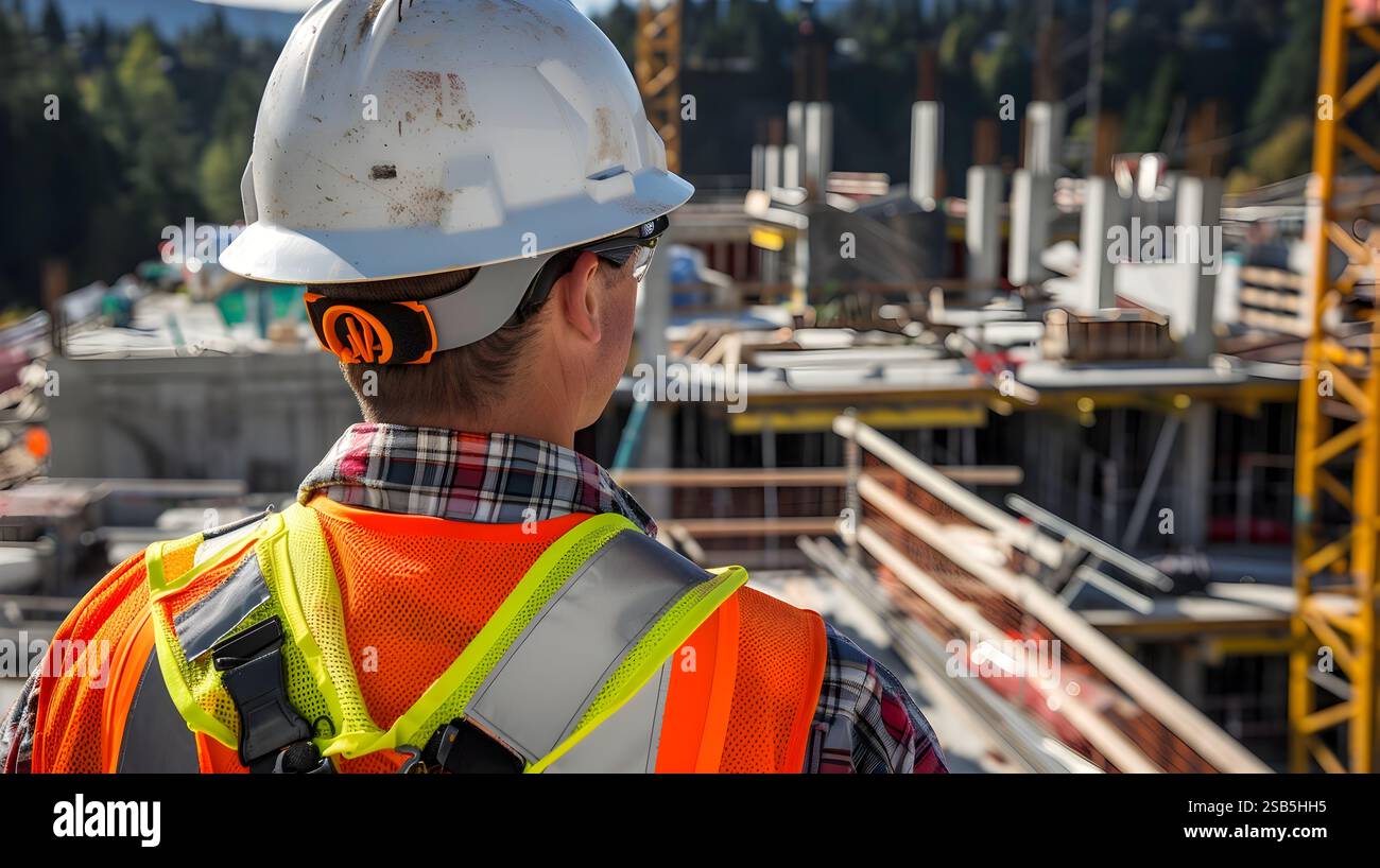 The image shows a construction worker wearing a hard hat,safety goggles ...