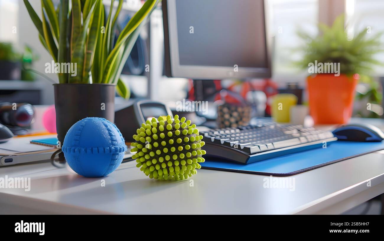 The image depicts a workspace with various ergonomic accessories ...