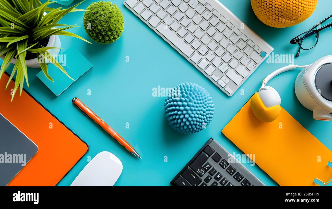 A colorful and vibrant arrangement of various desk accessories and ...