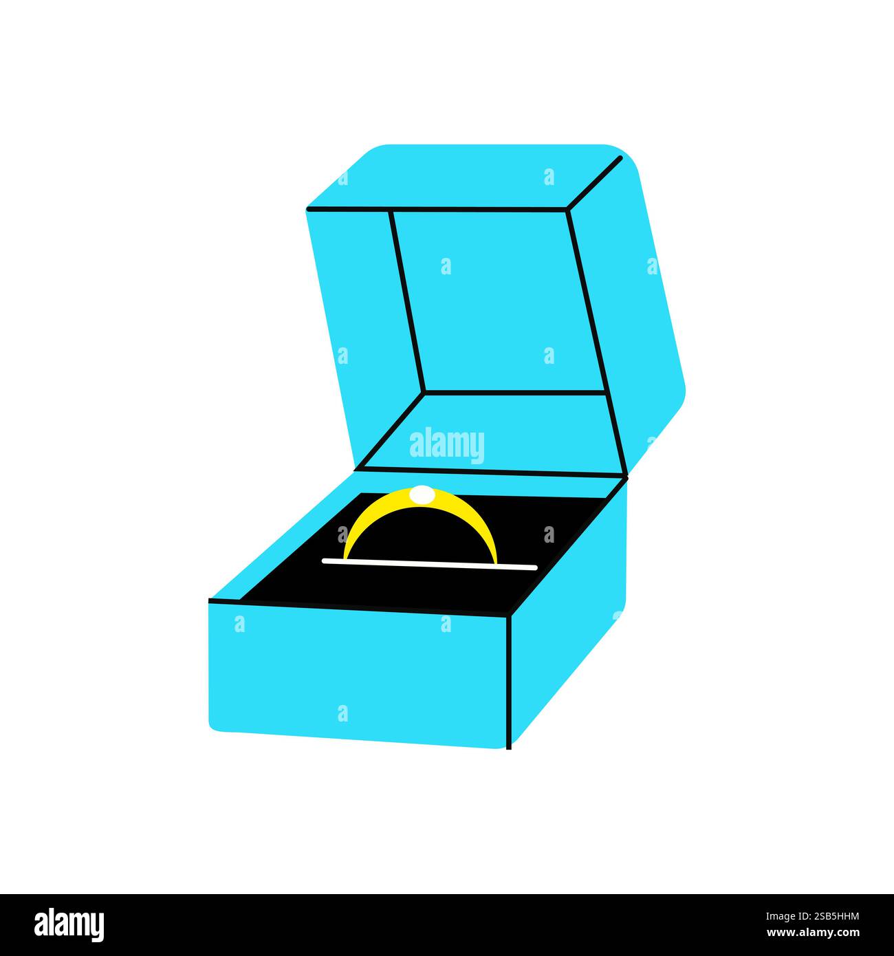 A gold ring with a single diamond sits inside an open blue box. Vector ...