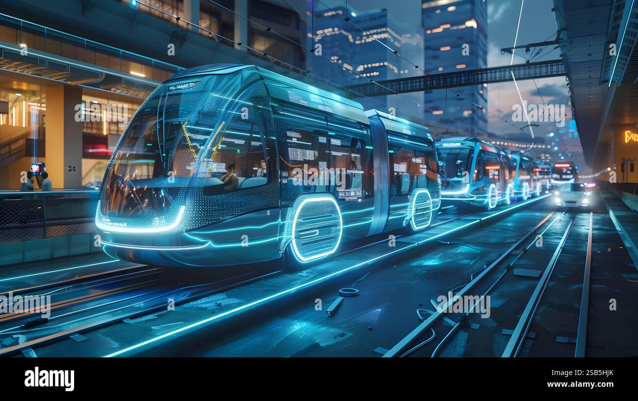 This image showcases a cityscape where public transportation, including ...