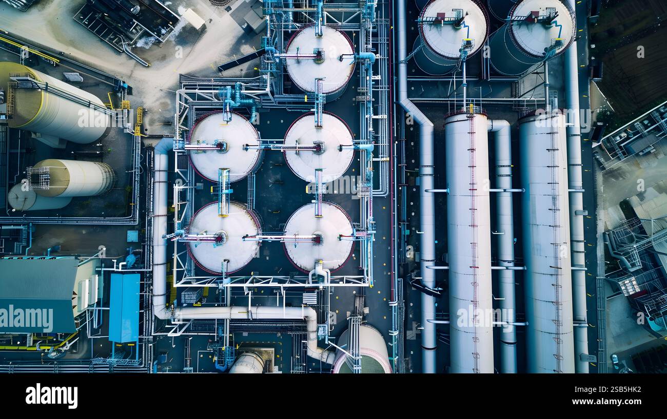 This aerial view showcases a large hydrogen production plant located in an industrial zone. The ...