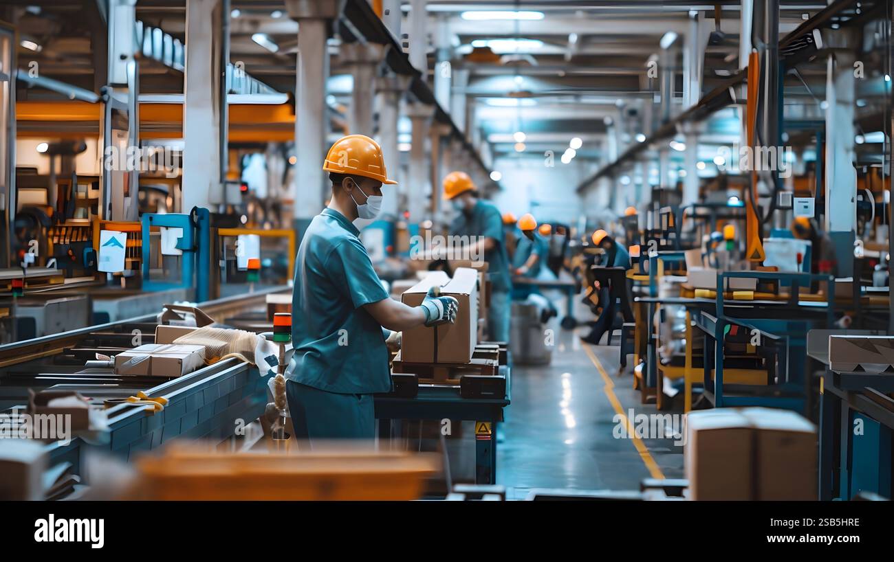 This depicts a factory floor where workers are actively engaged in implementing sustainable ...
