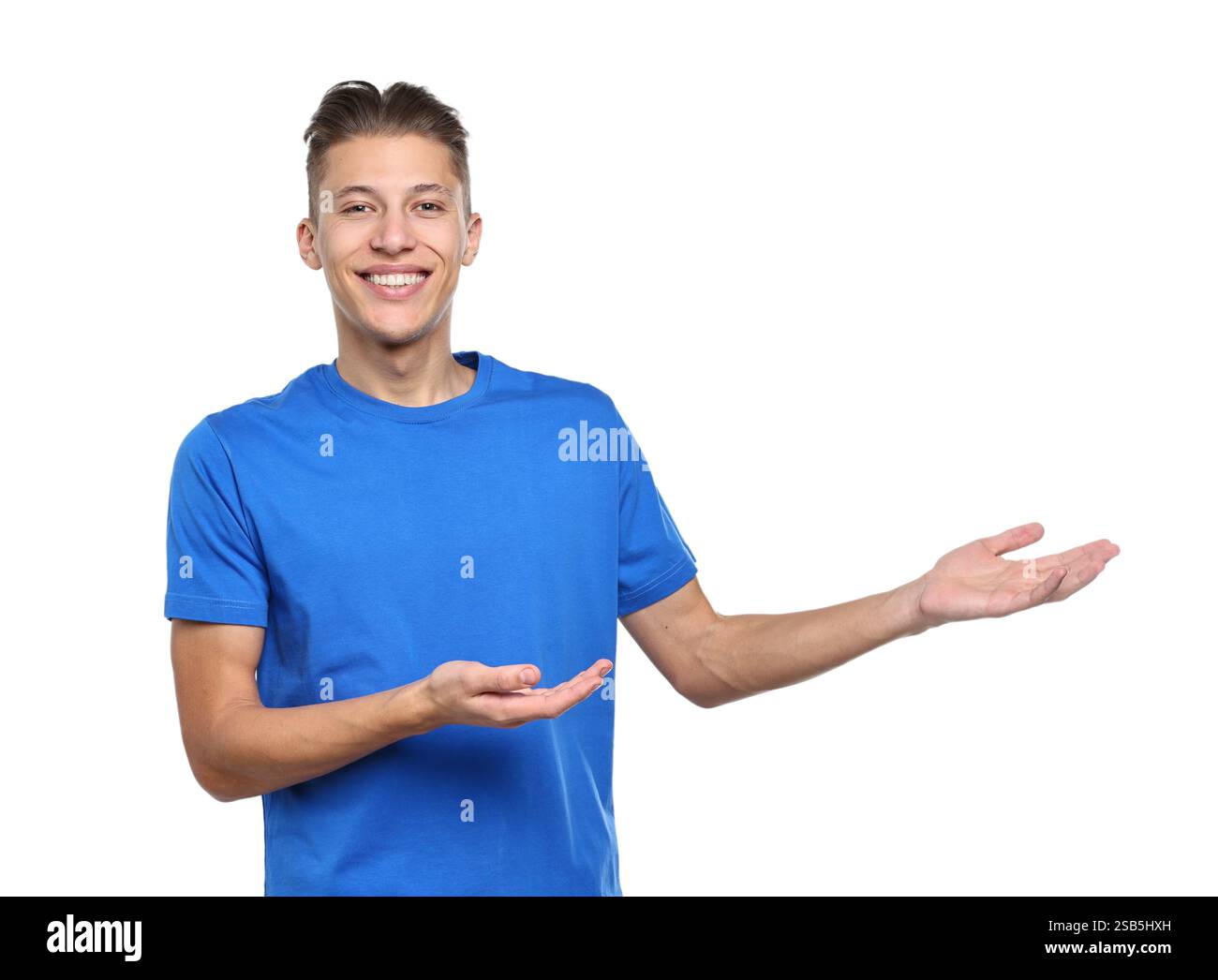 Happy man welcoming friends or guests on white background Stock Photo ...