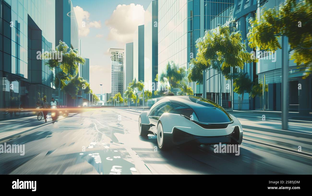 A concept autonomous car equipped with sensors and is navigating ...