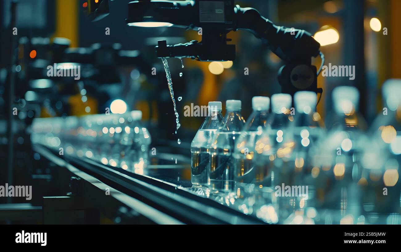 This image captures the dynamic and efficient of a water bottling line ...