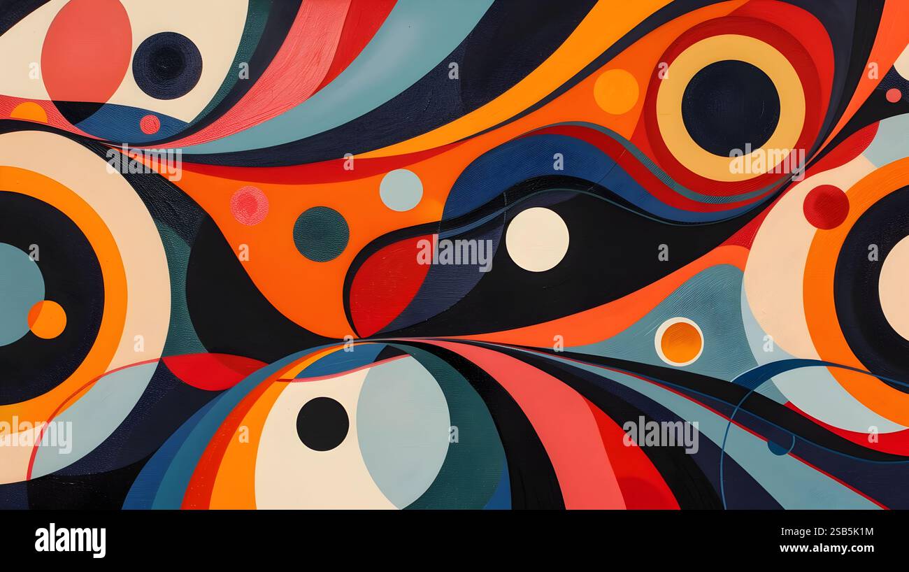 This vibrant and energetic abstract artwork showcases a fusion of retro ...
