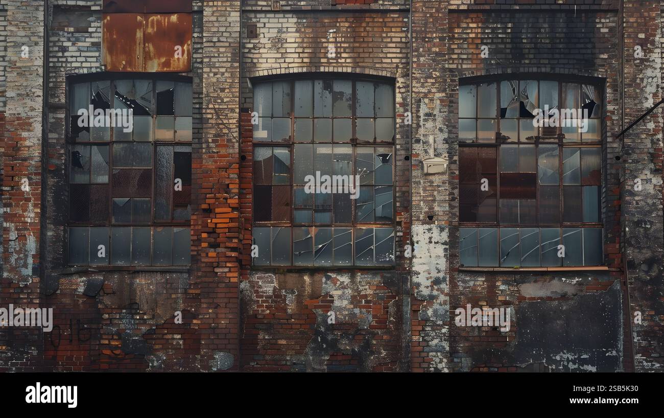 This image depicts an abandoned industrial building with weathered,brick walls and broken ...