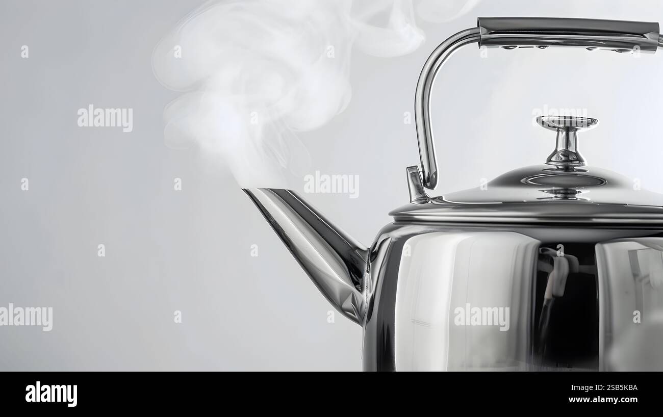 A classic stainless steel tea kettle,captured in high definition,is ...