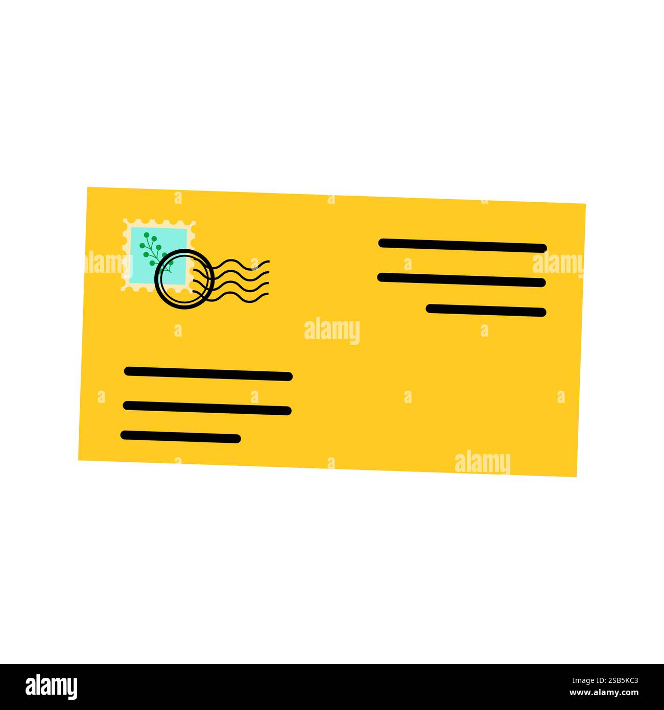 A bright yellow envelope stands out with a decorative postage stamp and ...