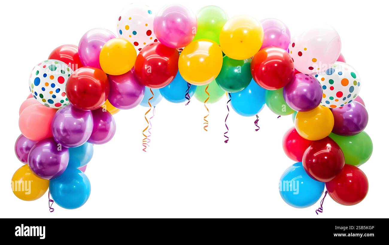 A cheerful and festive balloon arch featuring a spectrum of bright ...