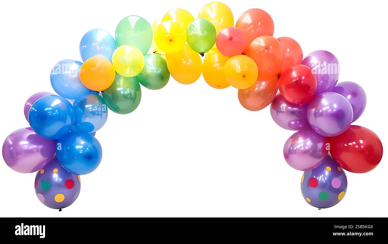 A vibrant and colorful balloon arch in a spectrum of bright hues ...
