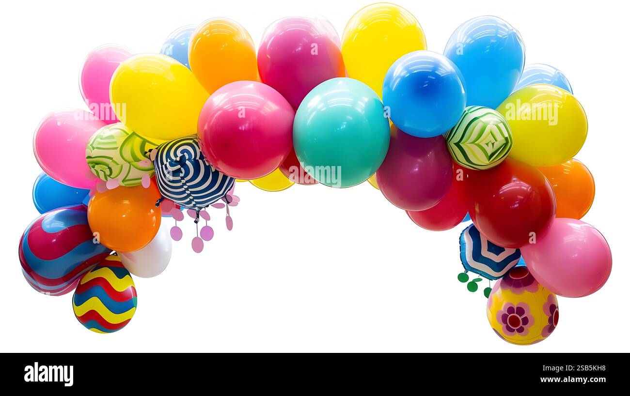 This vibrant and colorful balloon arch showcases a spectrum of bright ...
