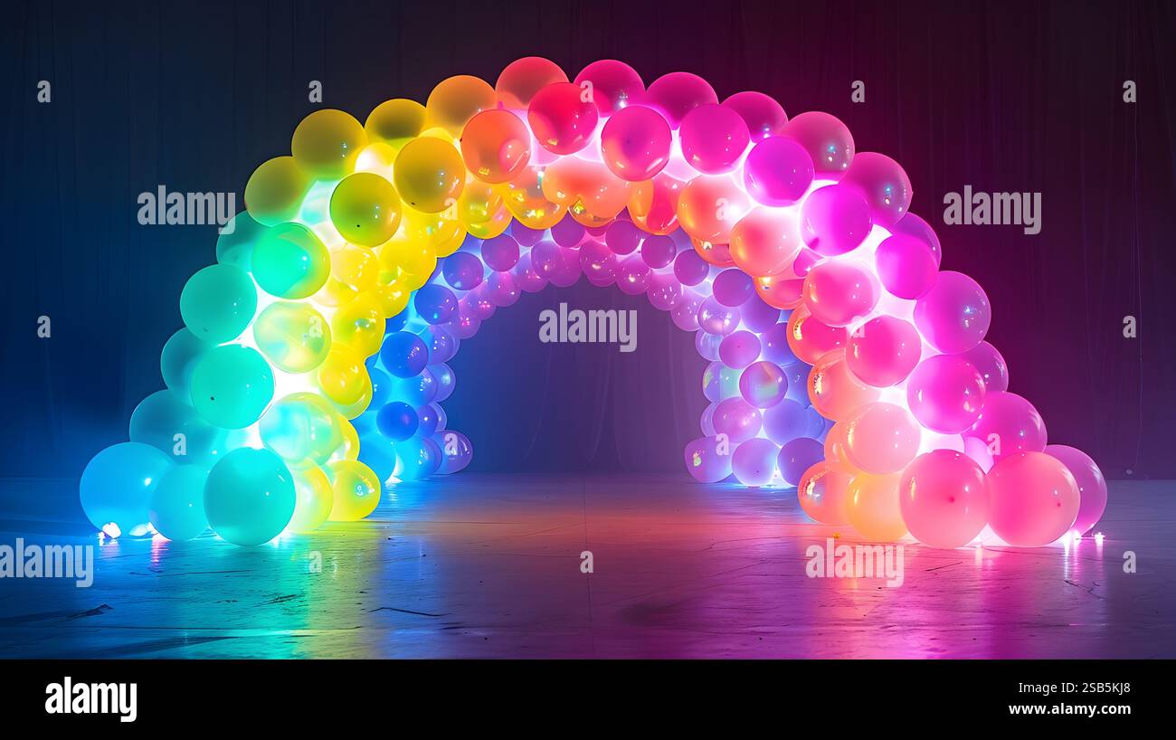 This striking image showcases a mesmerizing neon-lit balloon arch that ...