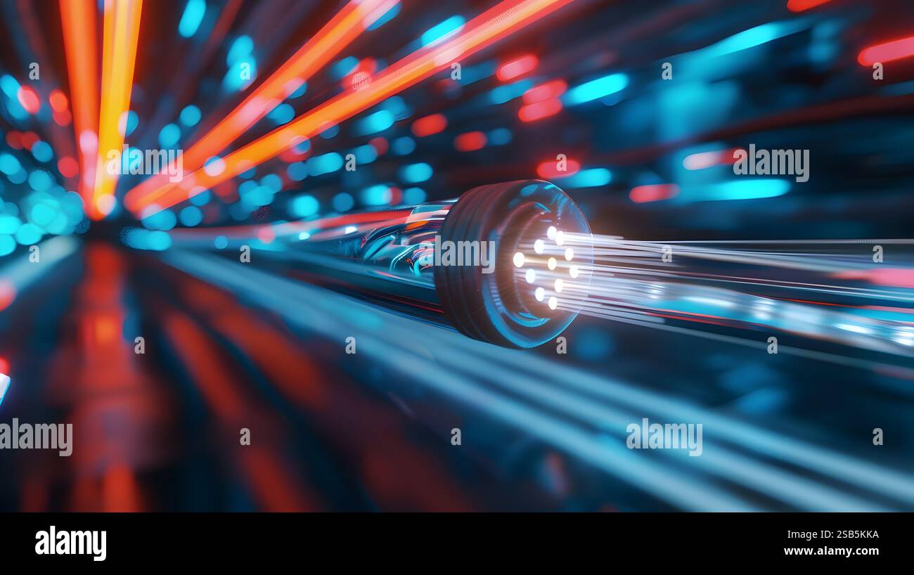 This dynamic image showcases a mesmerizing blur of colorful fiber optic cables,representing the ...