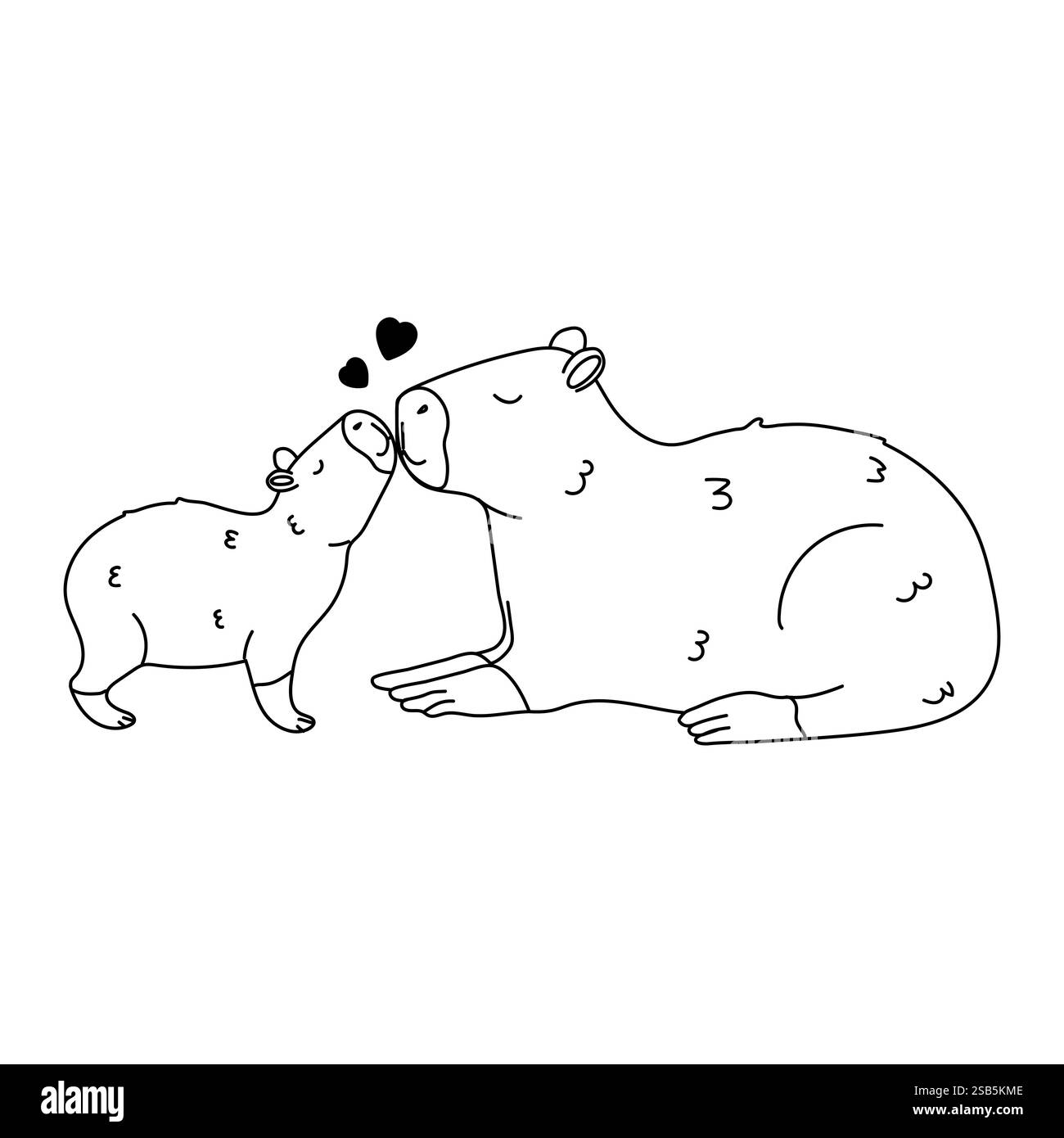 A line drawing of a mother capybara and her baby kissing. They are ...