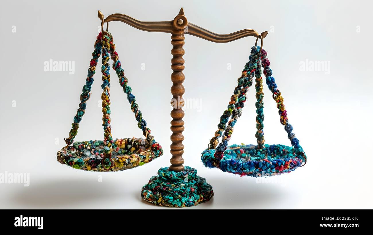 A visually striking and depiction of a pair of balanced scales made ...