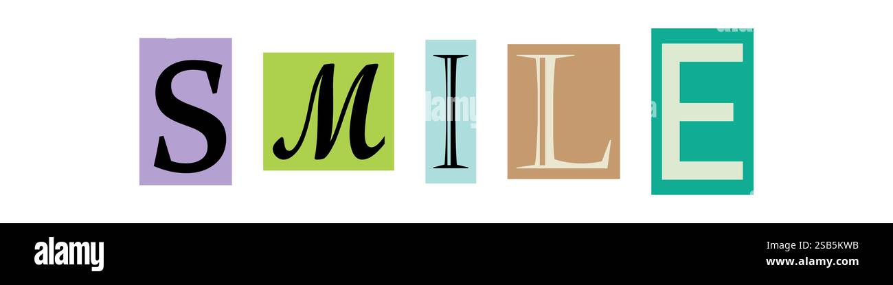 Colorful square letters align to spell the word smile against a clean ...