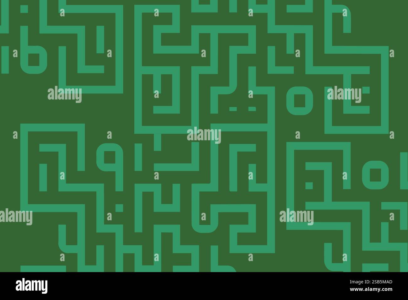A complex maze pattern in vivid green hues appears on a textured ...