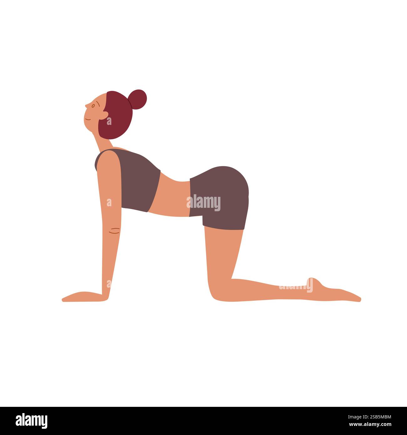 A woman in a simple background performs the cat pose, engaging her body ...