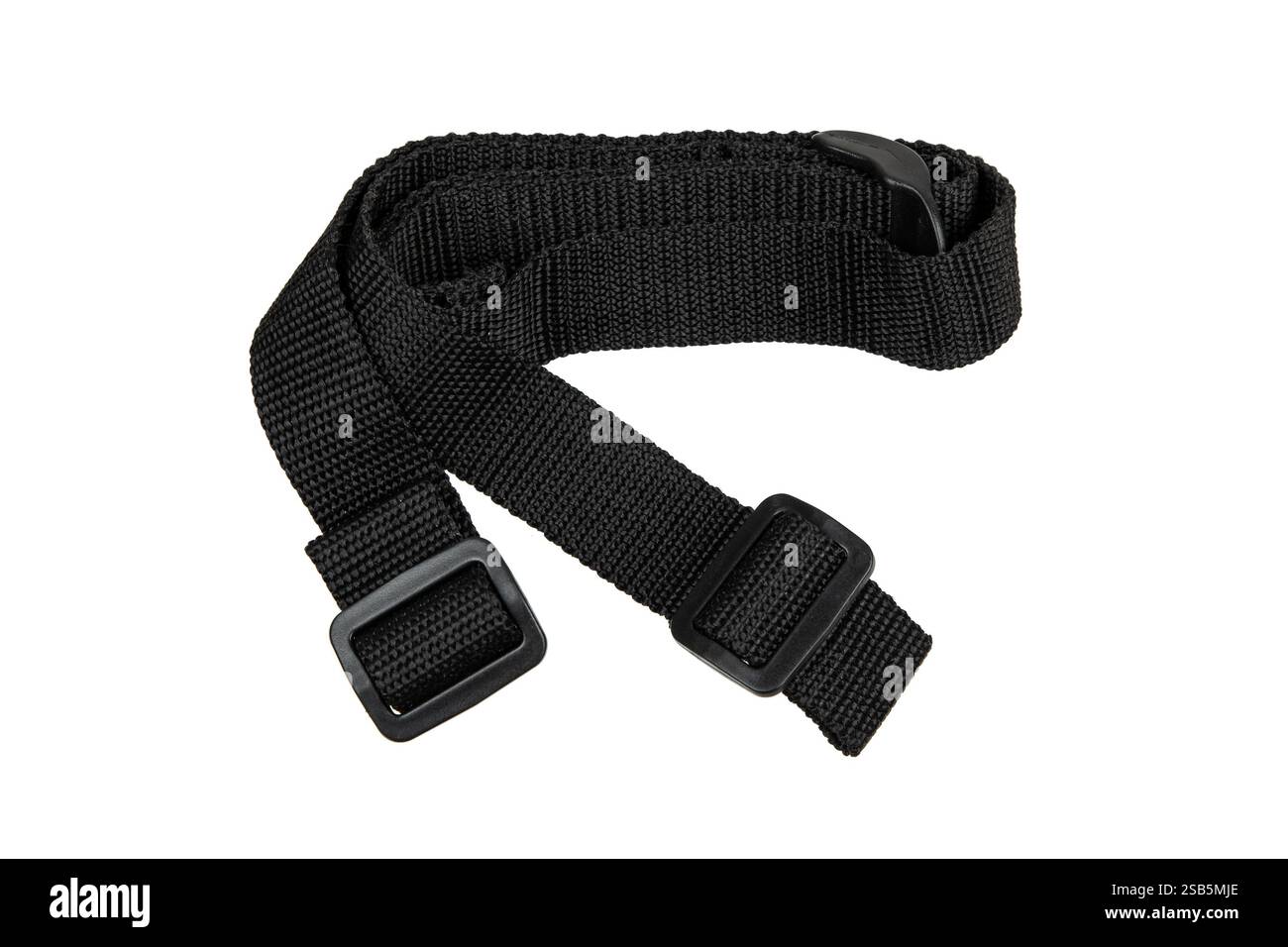 Black adjustable nylon strap with plastic buckles, isolated on white ...
